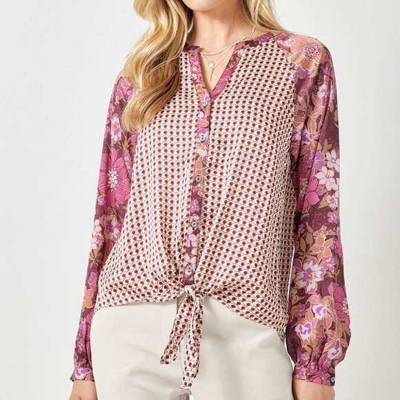 Mystree | Tops | Mystree Inc Tie Front Mixed Print Raglan Sleeve Top ...